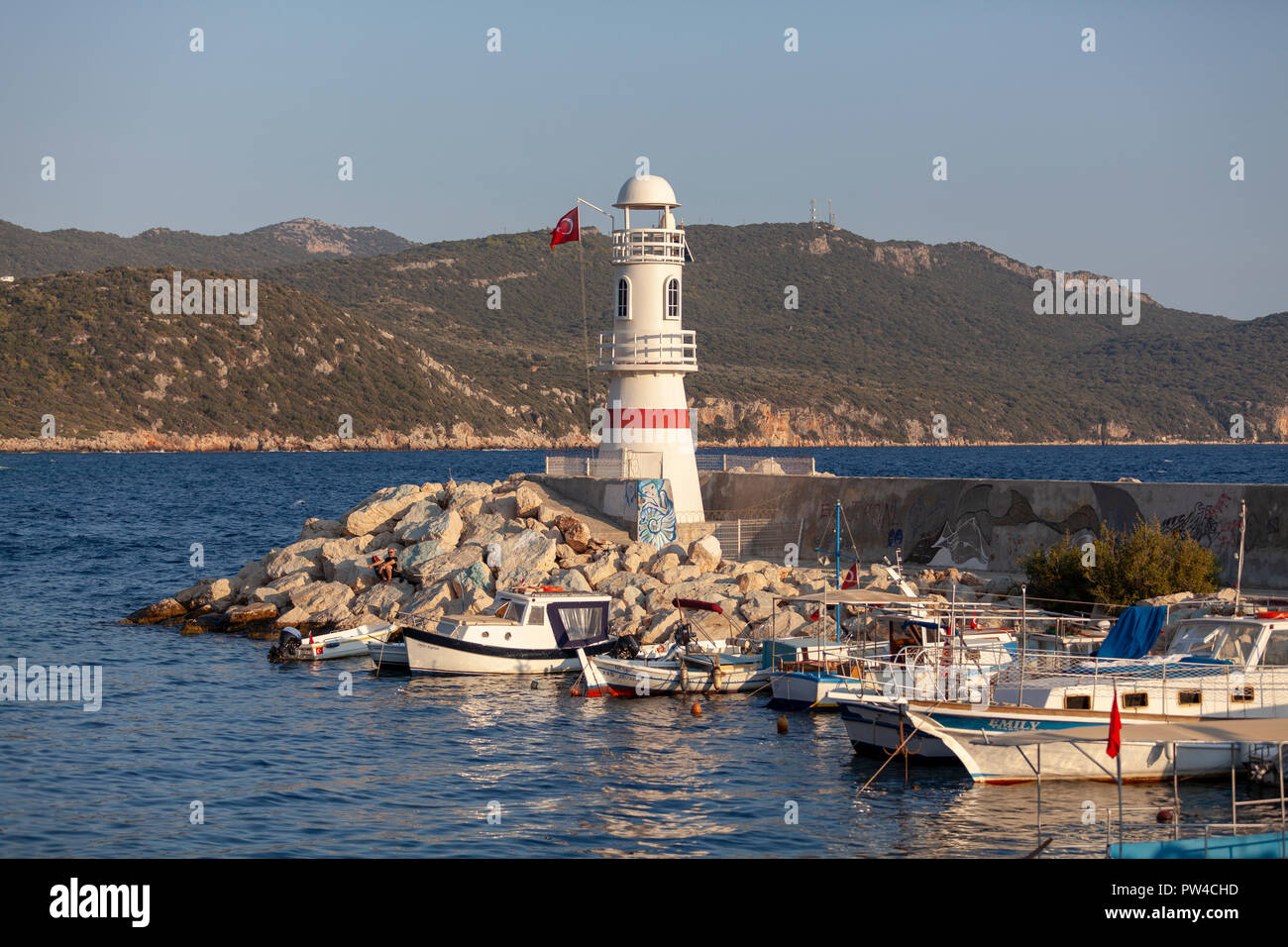 Lighthouse at harbour in Kas, Turkey Stock Photo - Alamy
