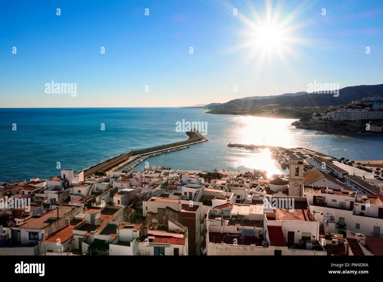 Aerial view of Peninsula town with harbour and marina , Costa del ...
