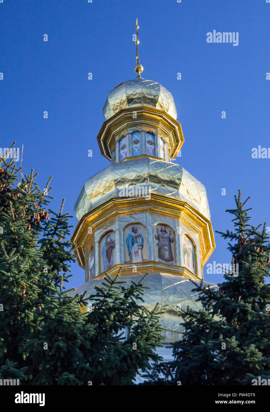 Golden-Domed Bell Tower near Pechersk Lavra on sunny day. Ground side ...