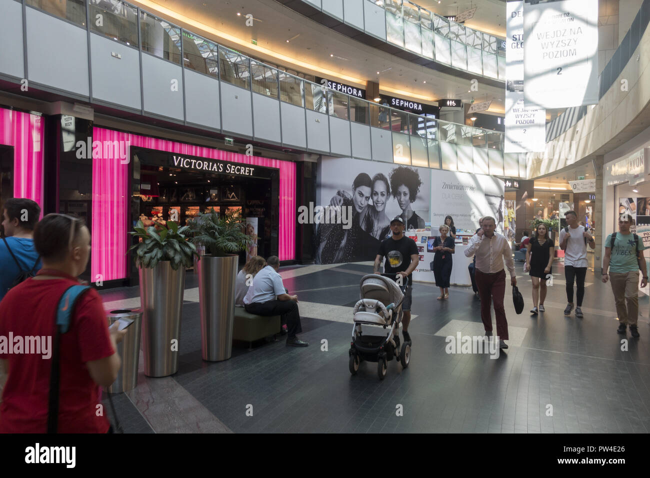 Shopping mall connected to the central train station in Warsaw, Poland ...