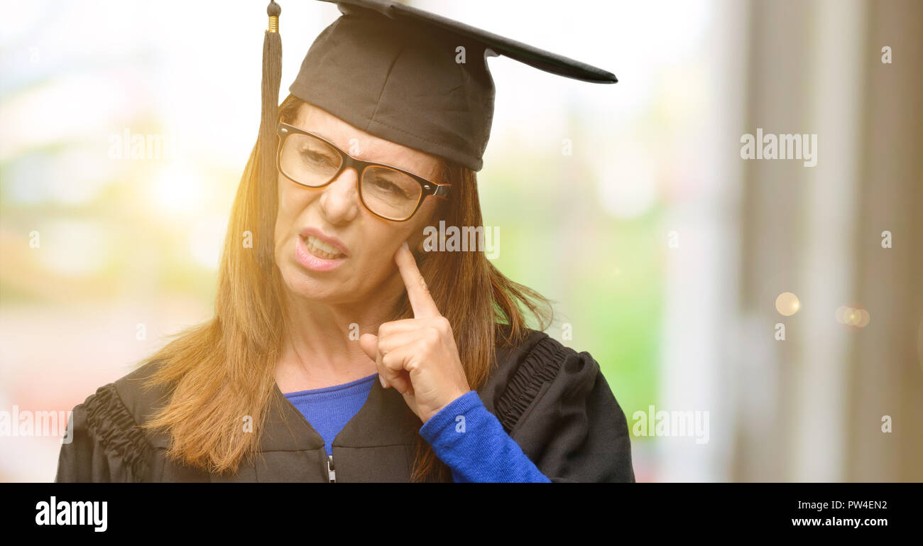 Senior graduate student woman doubt expression, confuse and wonder ...