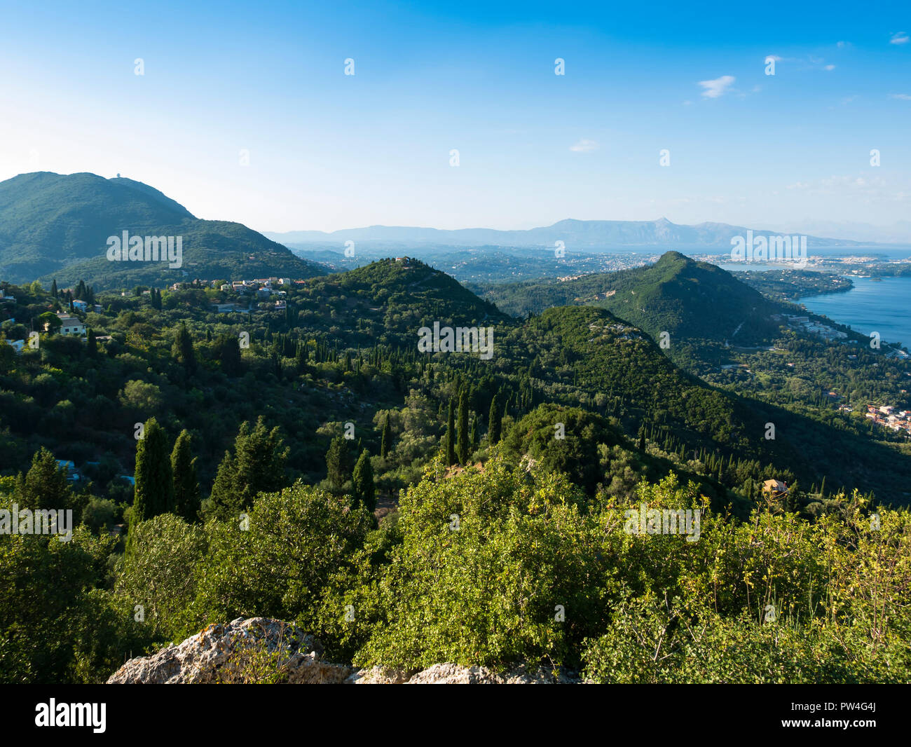 View of rural Corfu from Dafnata village on the Corful Trail. Dafnata ...