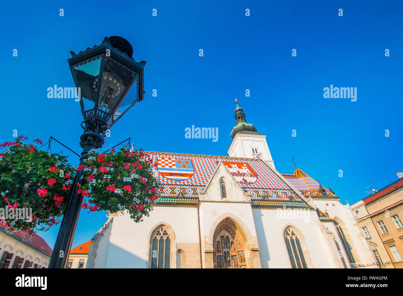 Zagreb, Croatia, church of St. Mark and flowers jardiniere. Upper town ...