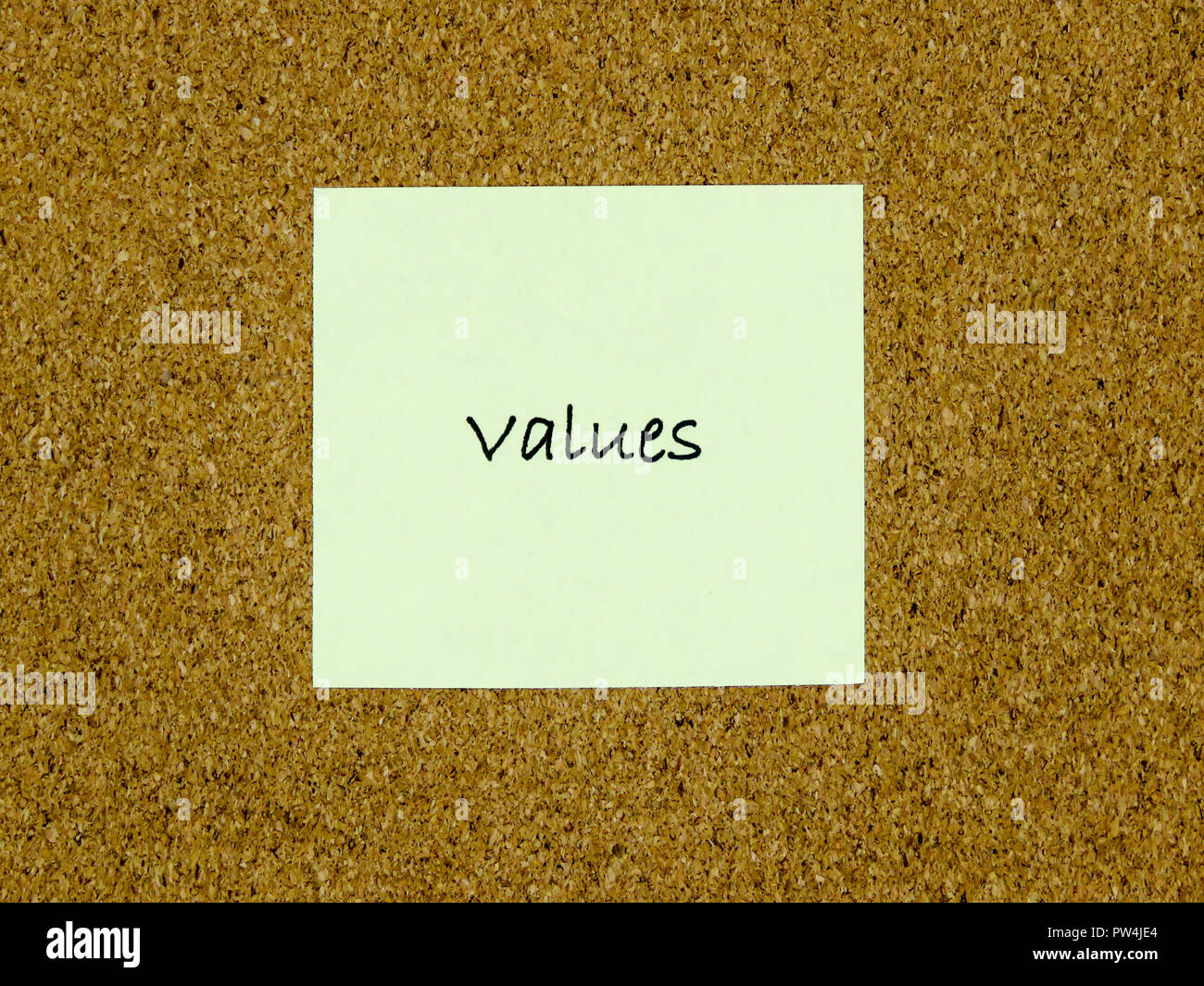 A yellow sticky note with values written on it on a cork board ...