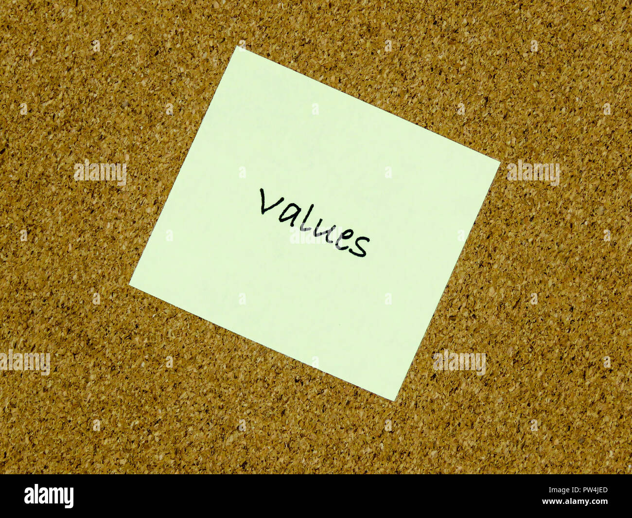 A yellow sticky note with values written on it on a cork board ...