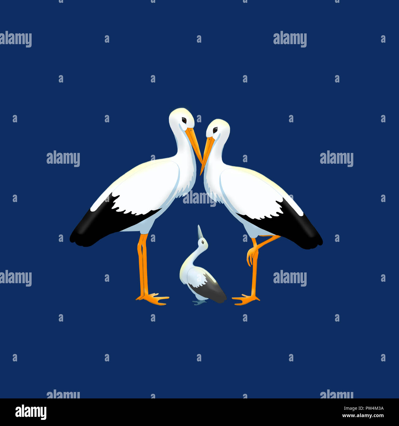 Family of stork birds with baby chick on blue background Stock Photo ...