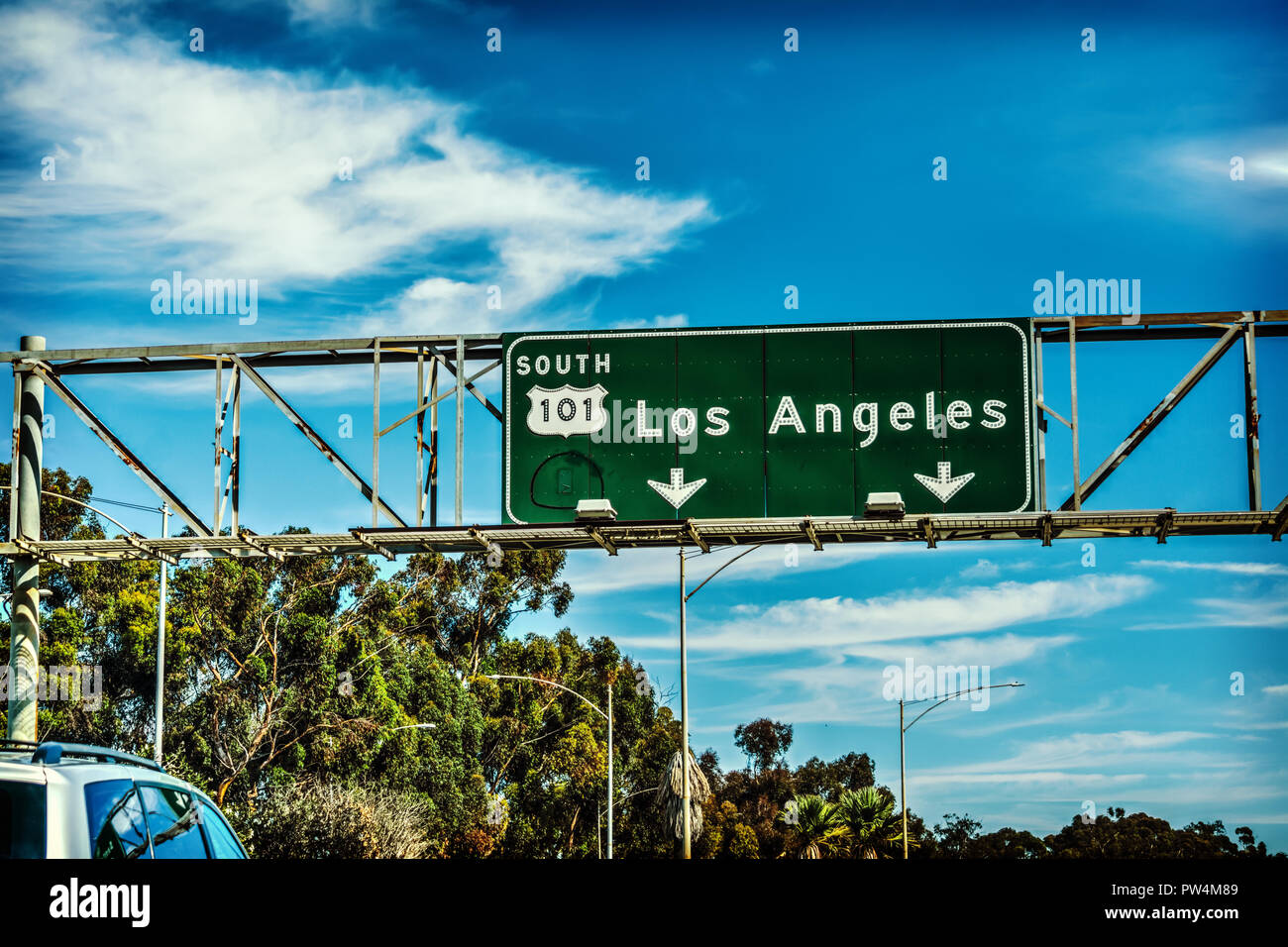 Los Angeles 101 freeway destination sign on a sunny day, California ...