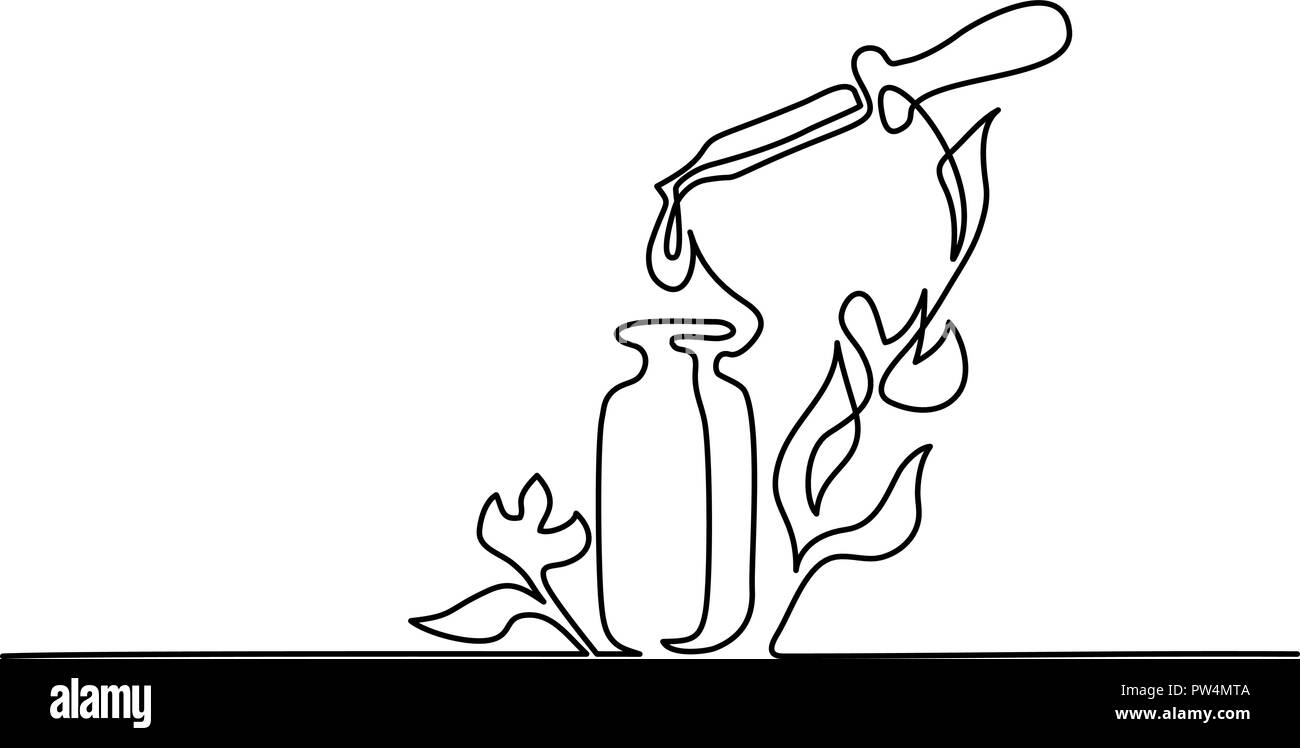 Continuous one line drawing. Cosmetic vial with pipette and flowers ...