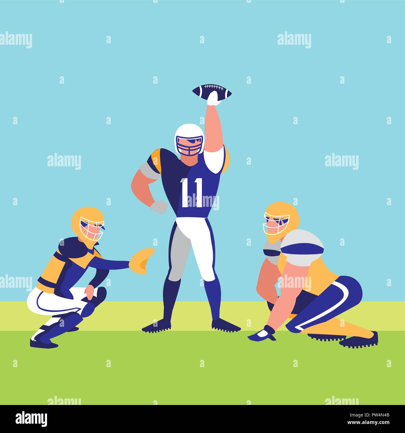 american football players with safety equipment over landscape ...