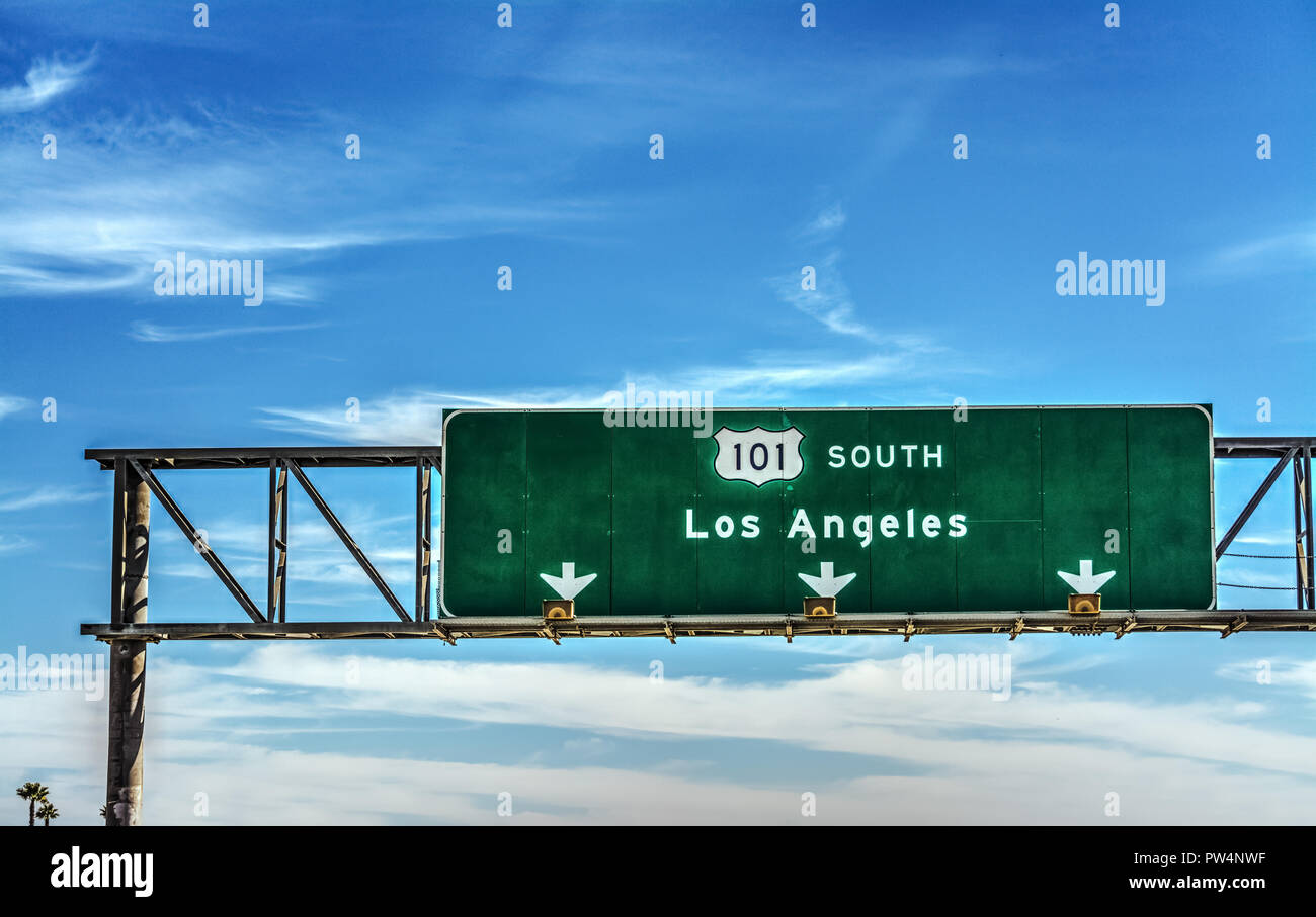 Los Angeles direction sign on 101 freeway southbound, California Stock ...