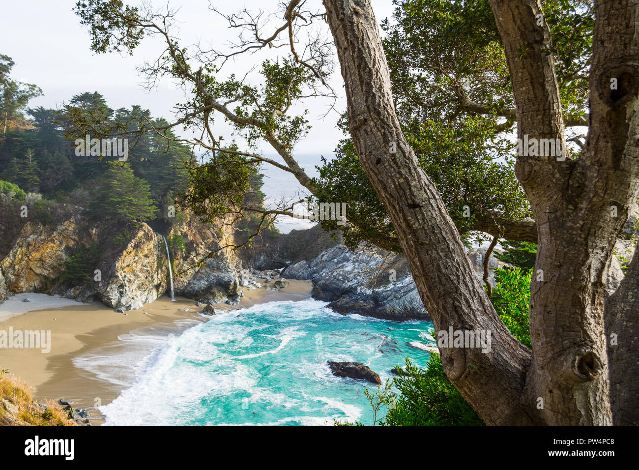 McWay falls in Big Sur state park under a blue sky. California, USA ...