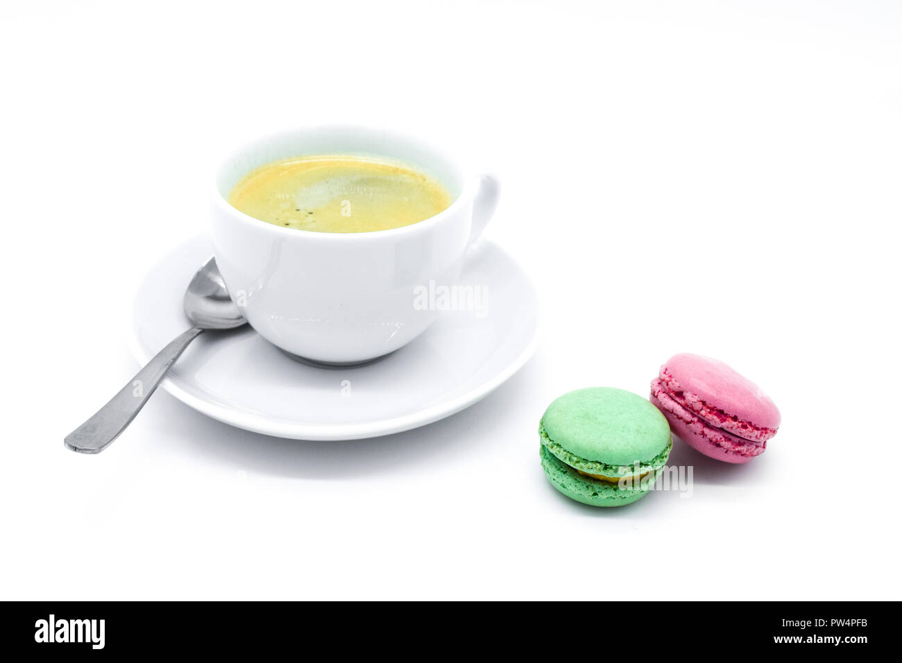 Cup of coffee with macarons isolated on white background Stock Photo ...
