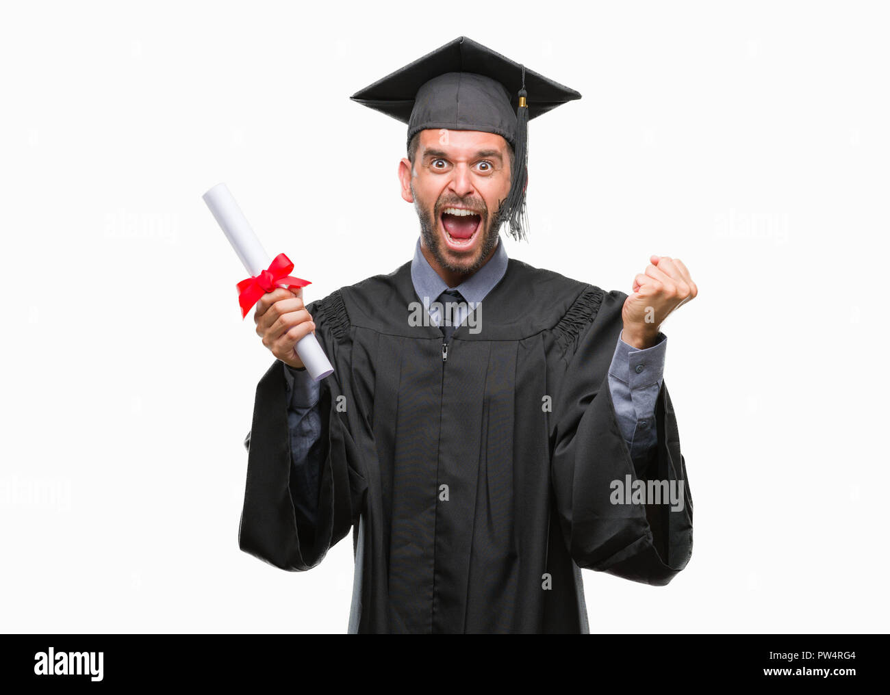 Young handsome graduated man holding degree over isolated background ...