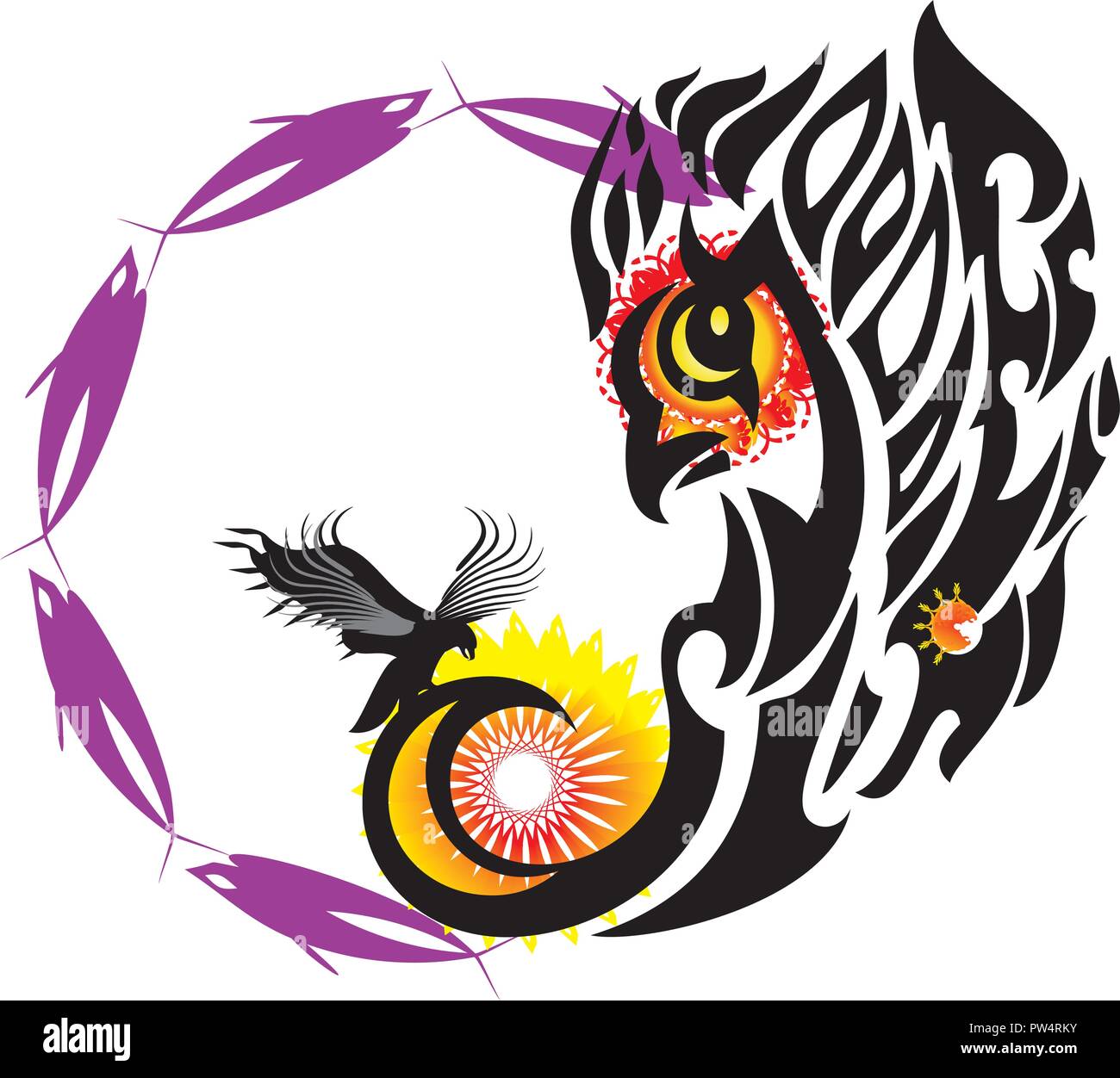 Abstract bird symbol with a circle. Baby bird of the flaming eagle with ...