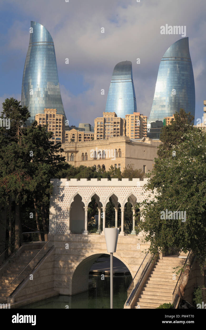 Azerbaijan, Baku, Mini Venice, Flame Towers Stock Photo - Alamy