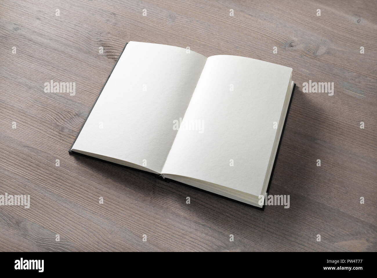 Blank open book on wooden background. Responsive design template Stock ...