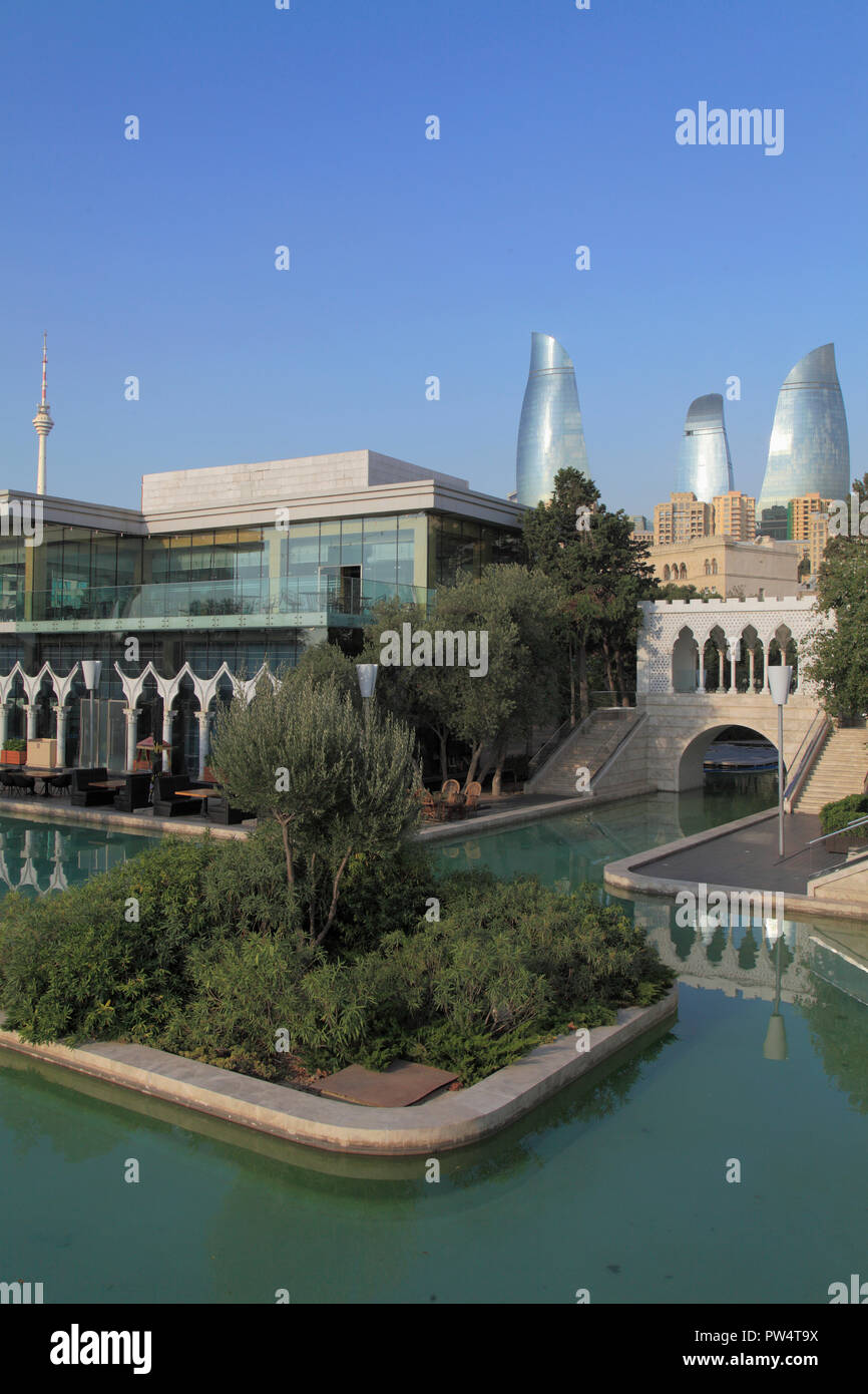 Azerbaijan, Baku, Mini Venice, Little Venice, Flame Towers Stock Photo ...