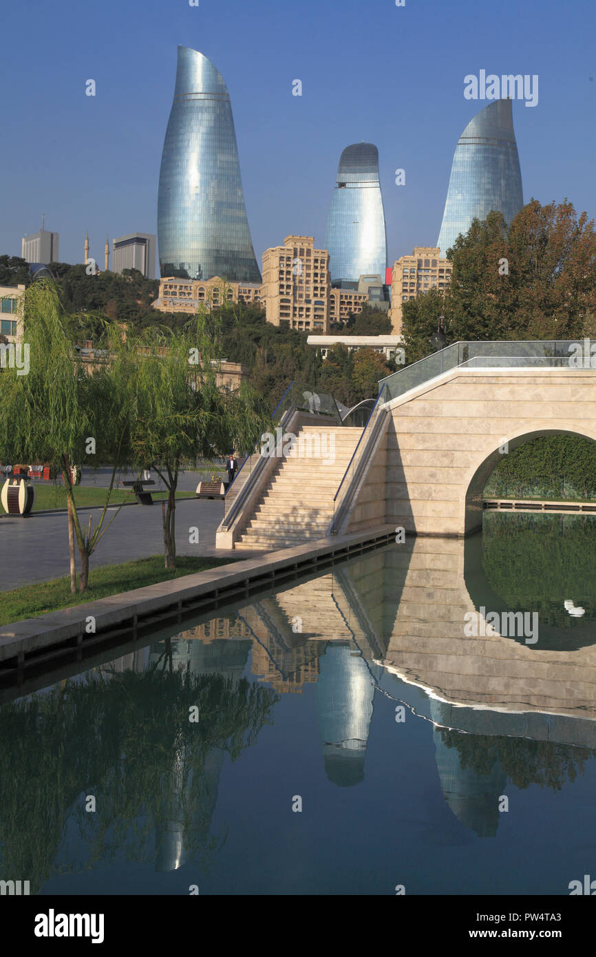 Azerbaijan, Baku, Mini Venice, Little Venice, Flame Towers Stock Photo ...