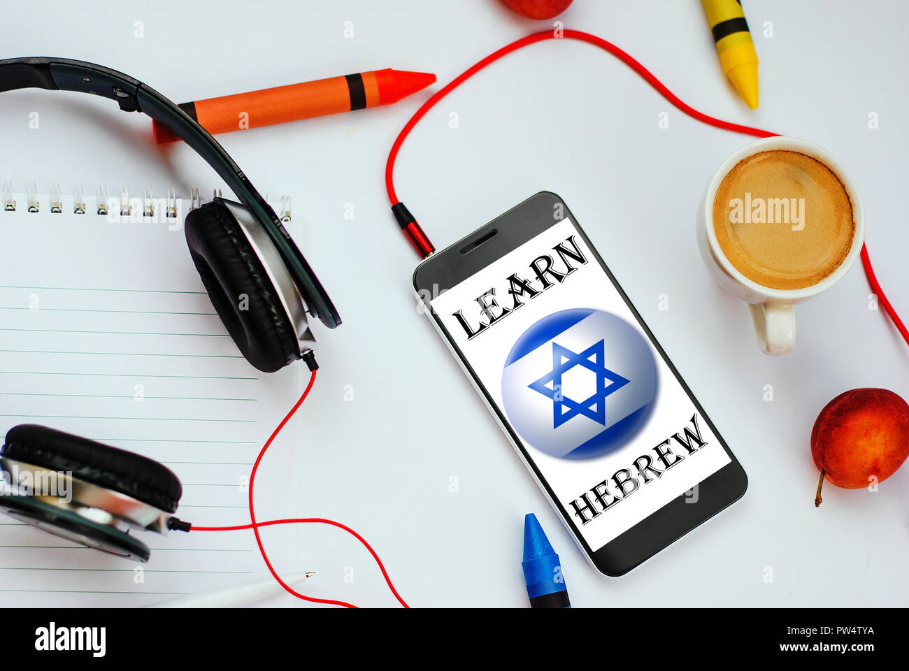 smartphone with Israel flag and headphones. concept of hebrew learning ...