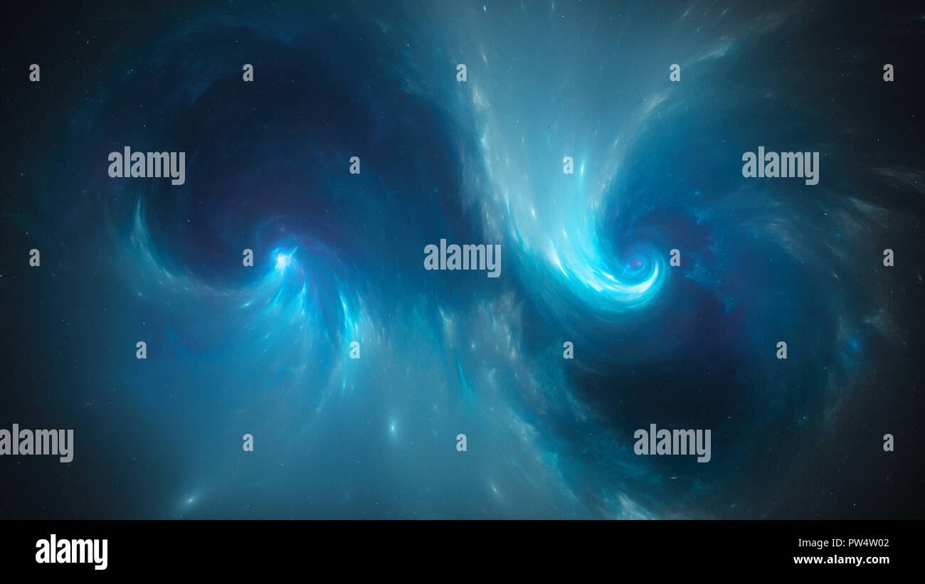 Blue glowing spiral singularities in space, computer generated abstract ...
