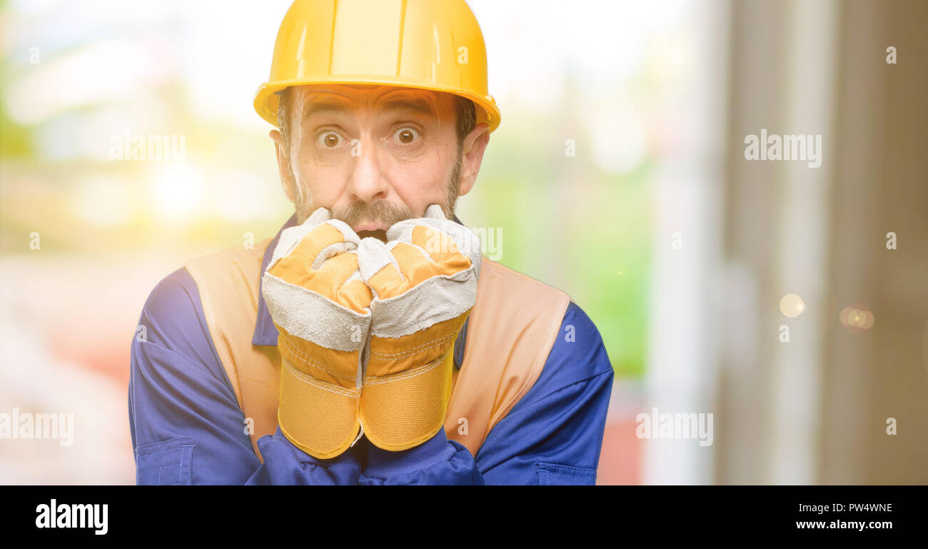 Senior engineer man, construction worker terrified and nervous ...
