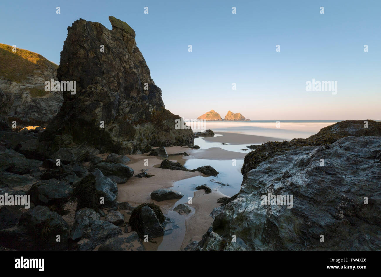 Sea stack on the beach at Holywell Bay in North Cornwall Stock Photo ...