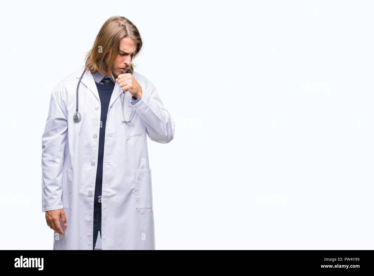 Young handsome doctor man with long hair over isolated background ...