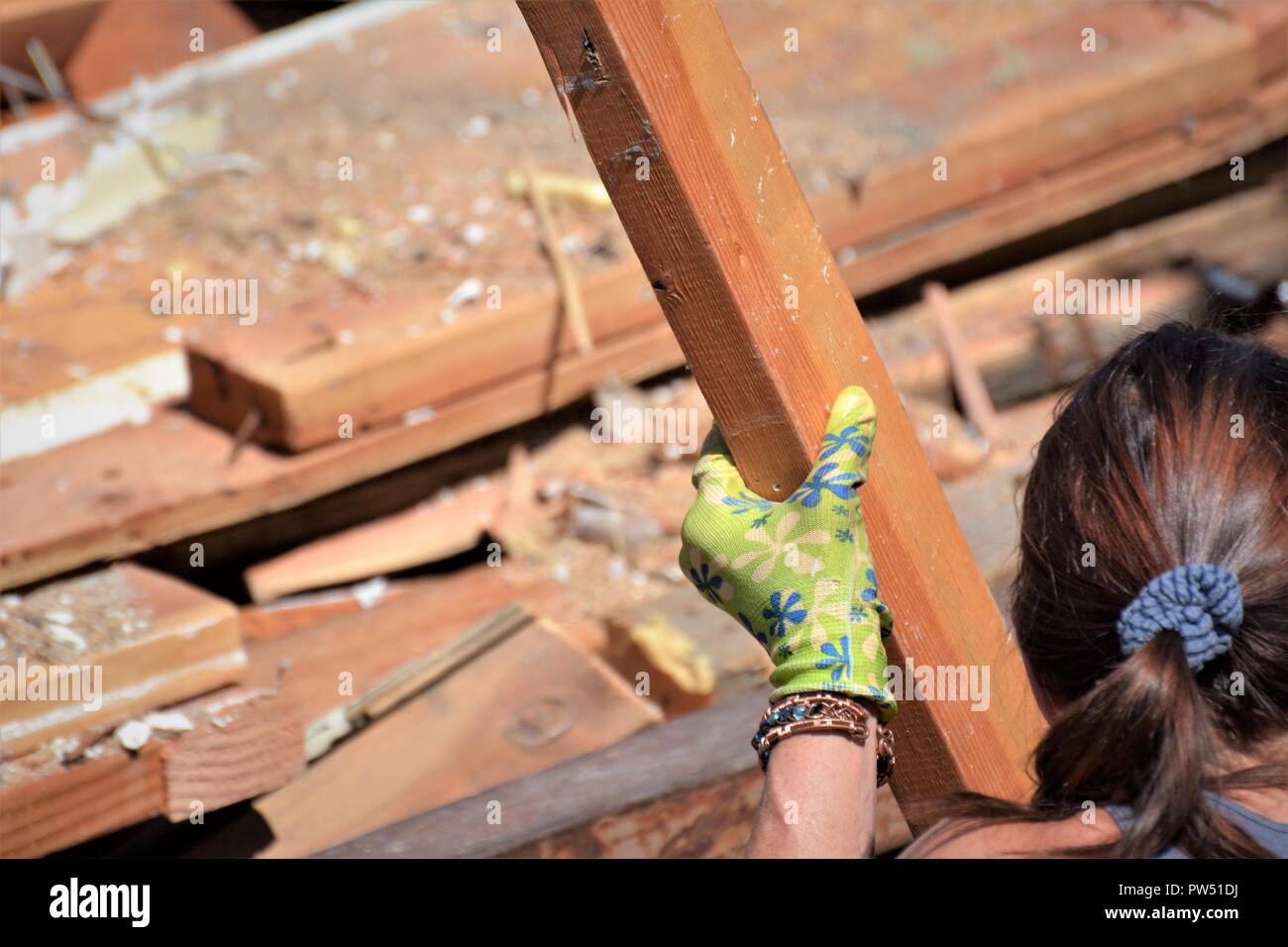 Woman salvaging lumber for reuse Stock Photo - Alamy