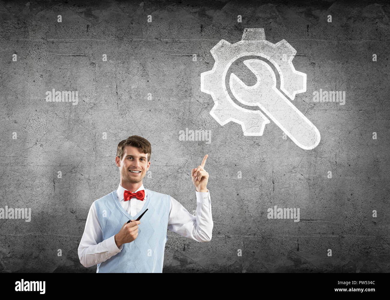 Elegant banker wearing red tie and gears as teamwork concept Stock ...
