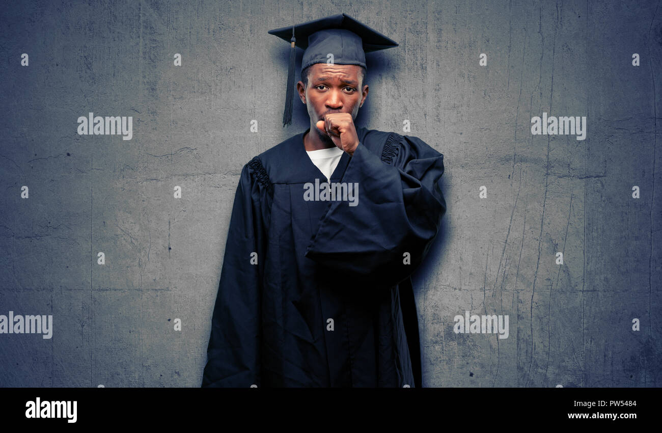 Young african graduate student black man sick and coughing, suffering ...
