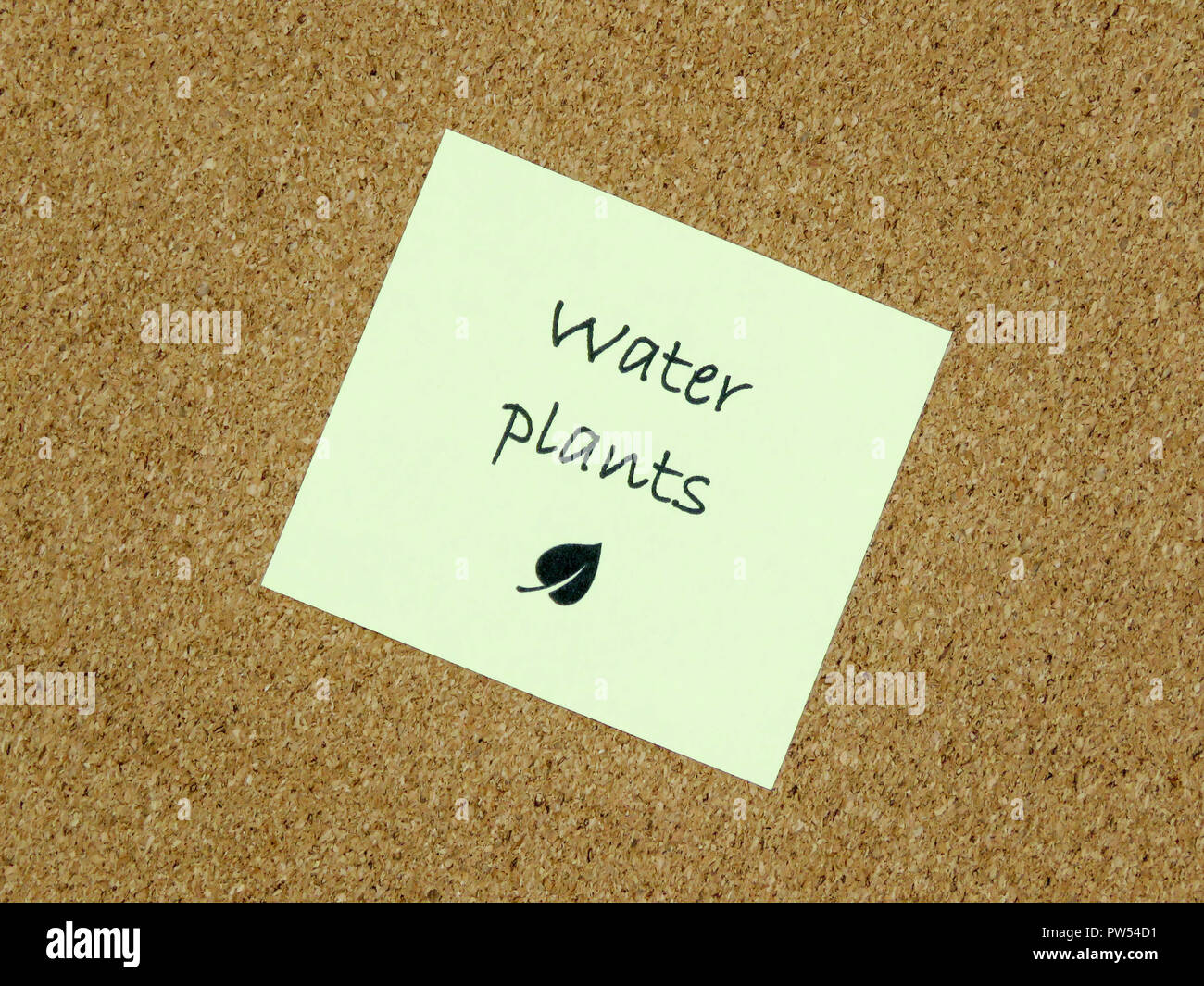A yellow sticky note with water plants written on it on a cork board ...