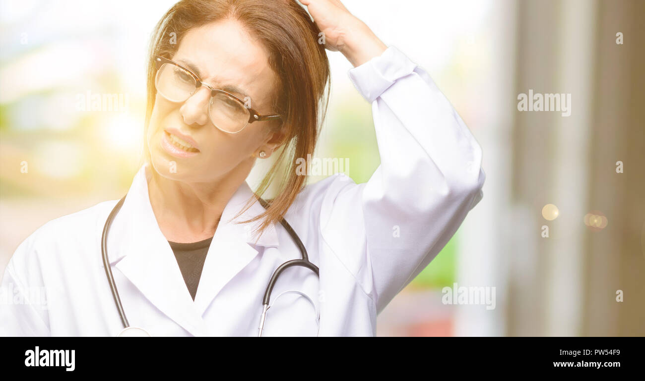 Doctor woman, medical professional doubt expression, confuse and wonder ...