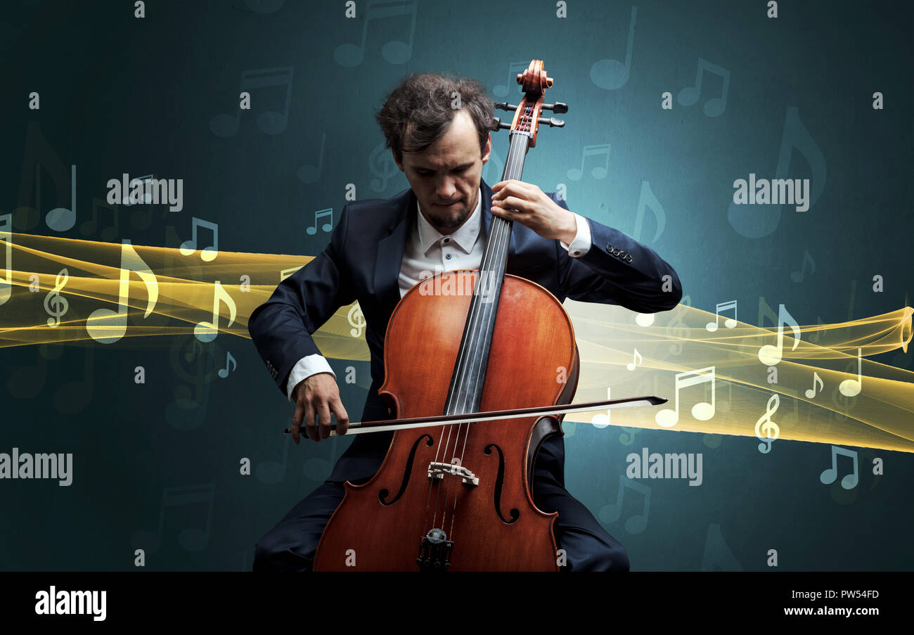 Young male musician playing on his cello with musical notes around ...