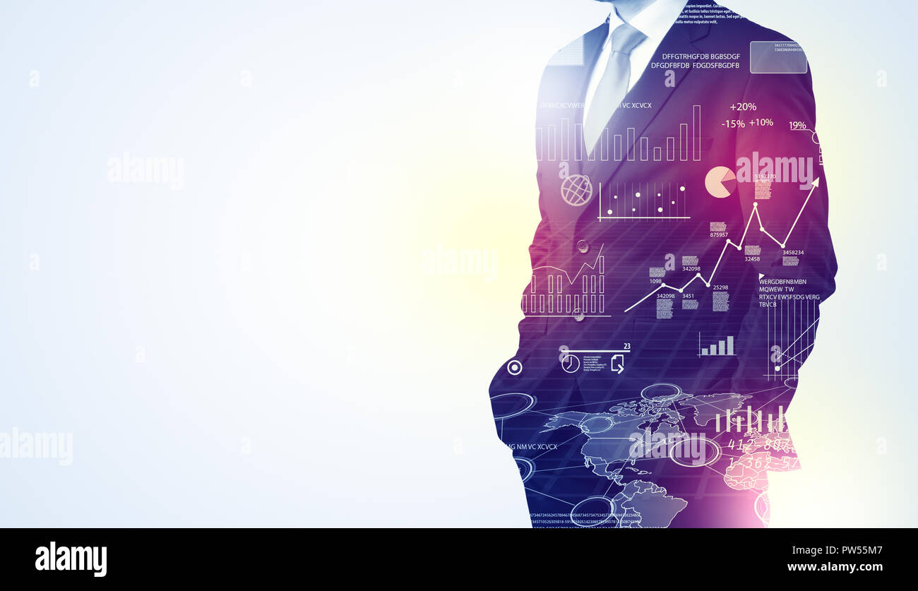 Leader man standing and thinking with graphs, charts, diagrams on the ...