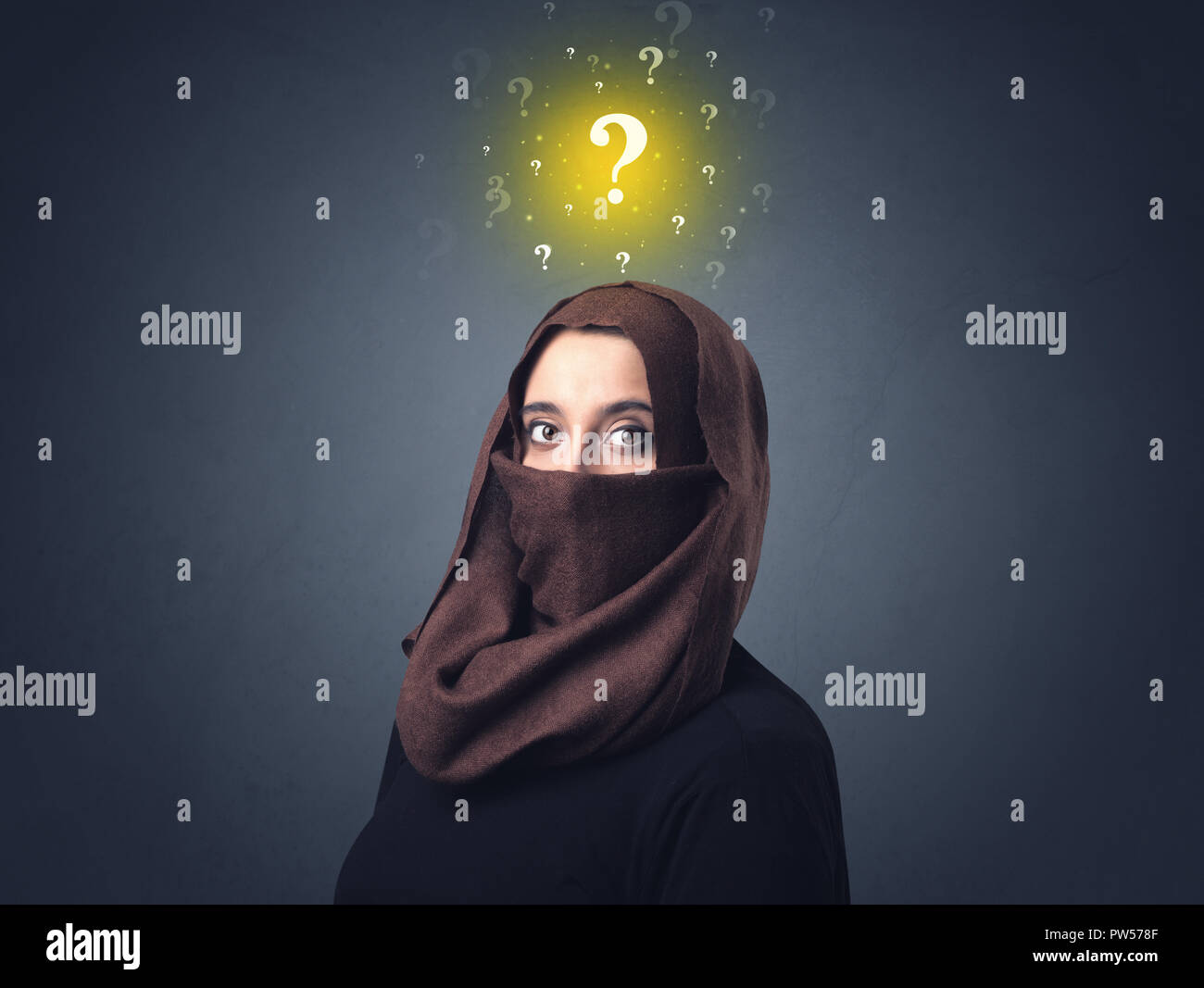 Young muslim woman wearing niqab with yellow question marks above her ...