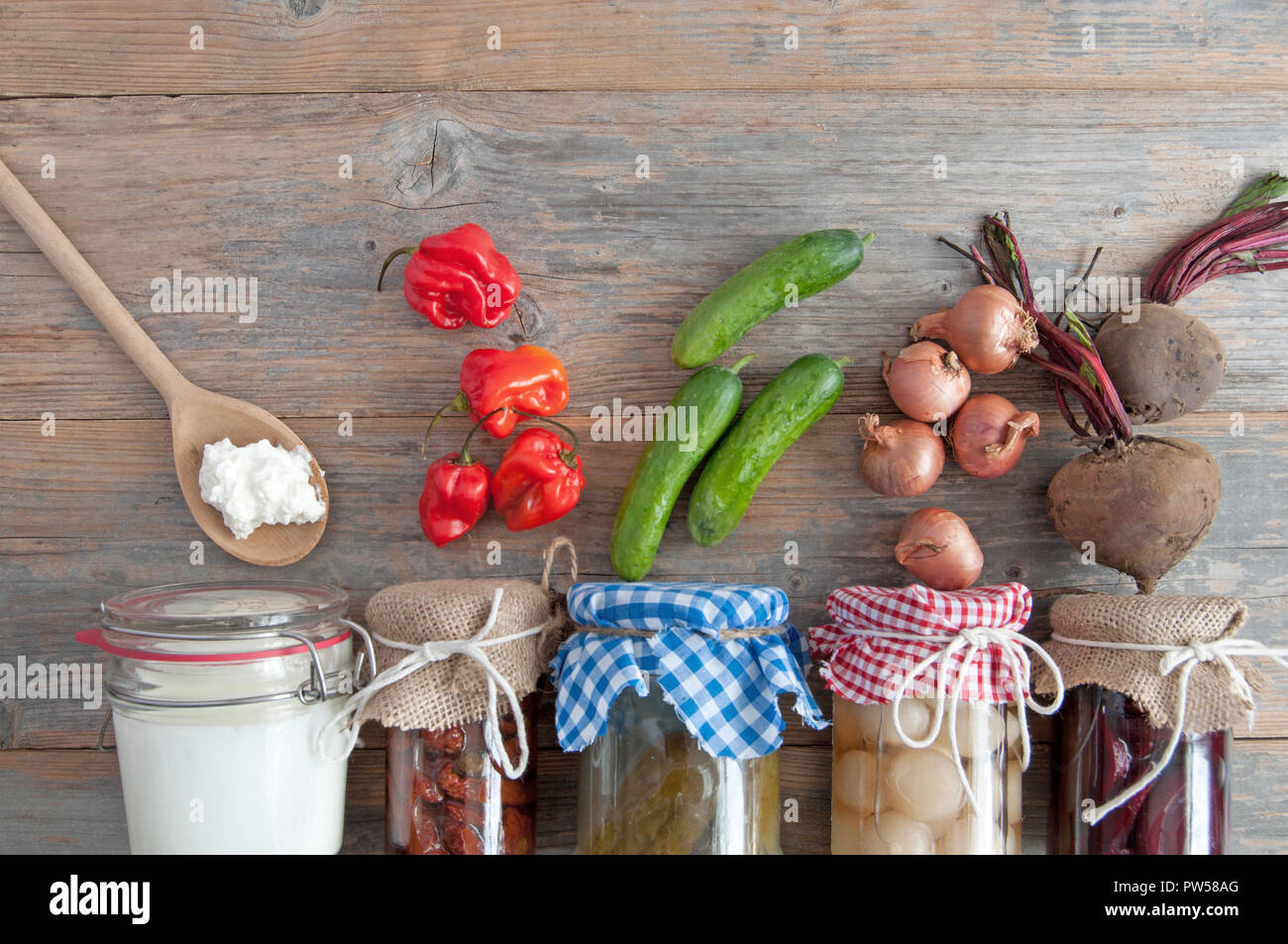 Selection of naturally conserved fermented foods in jars Stock Photo ...