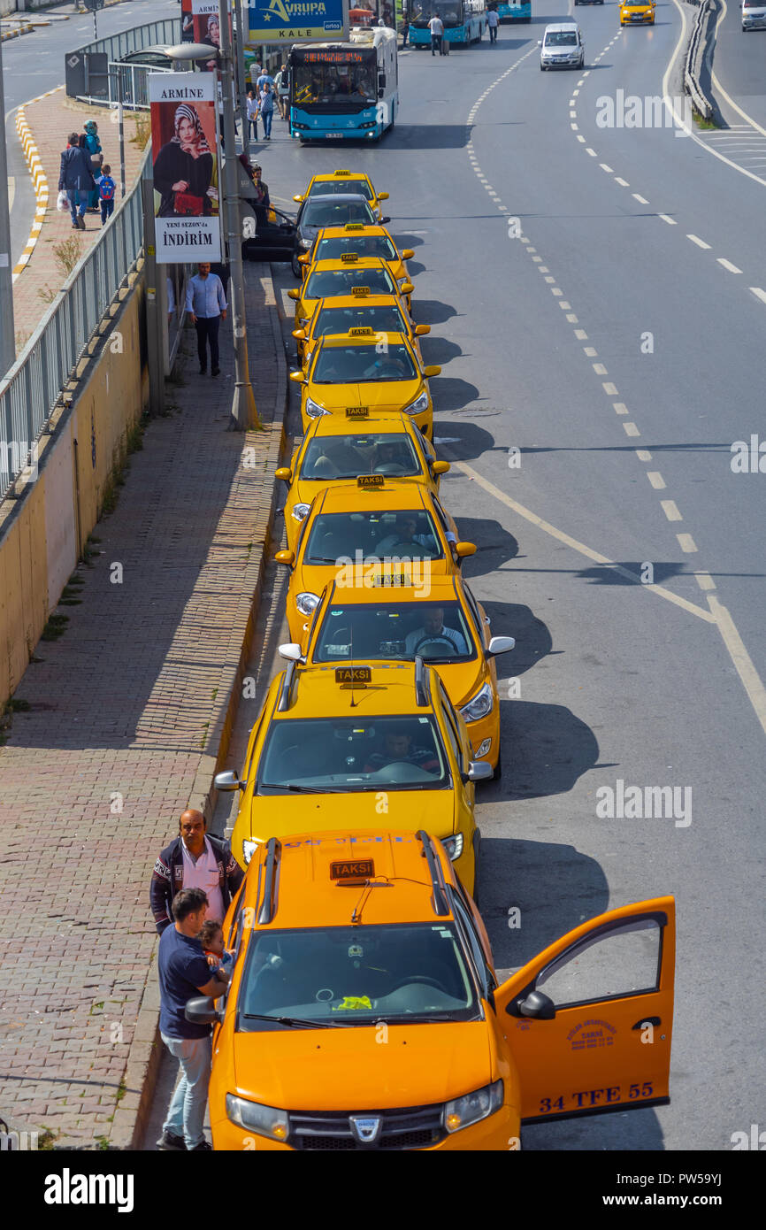 Istanbul, Turkey, September 2018: A row of taxis in a suburb of ...