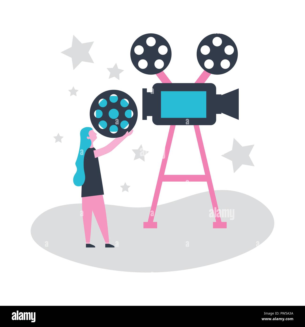 movie people production girl holding film camera projection vector ...