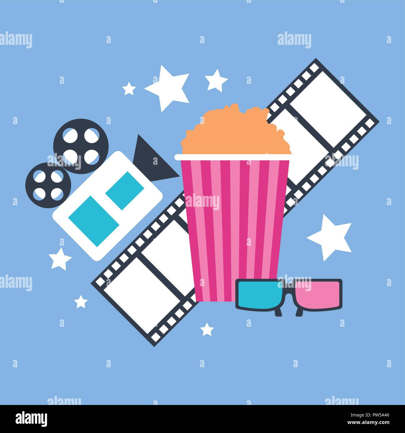 movie production popcorn glasses film camera tape vector illustration ...