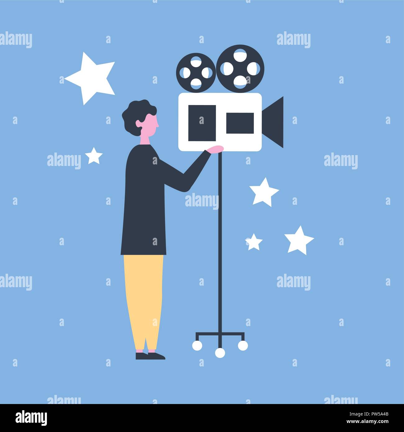 movie production man using film camera stars background vector ...
