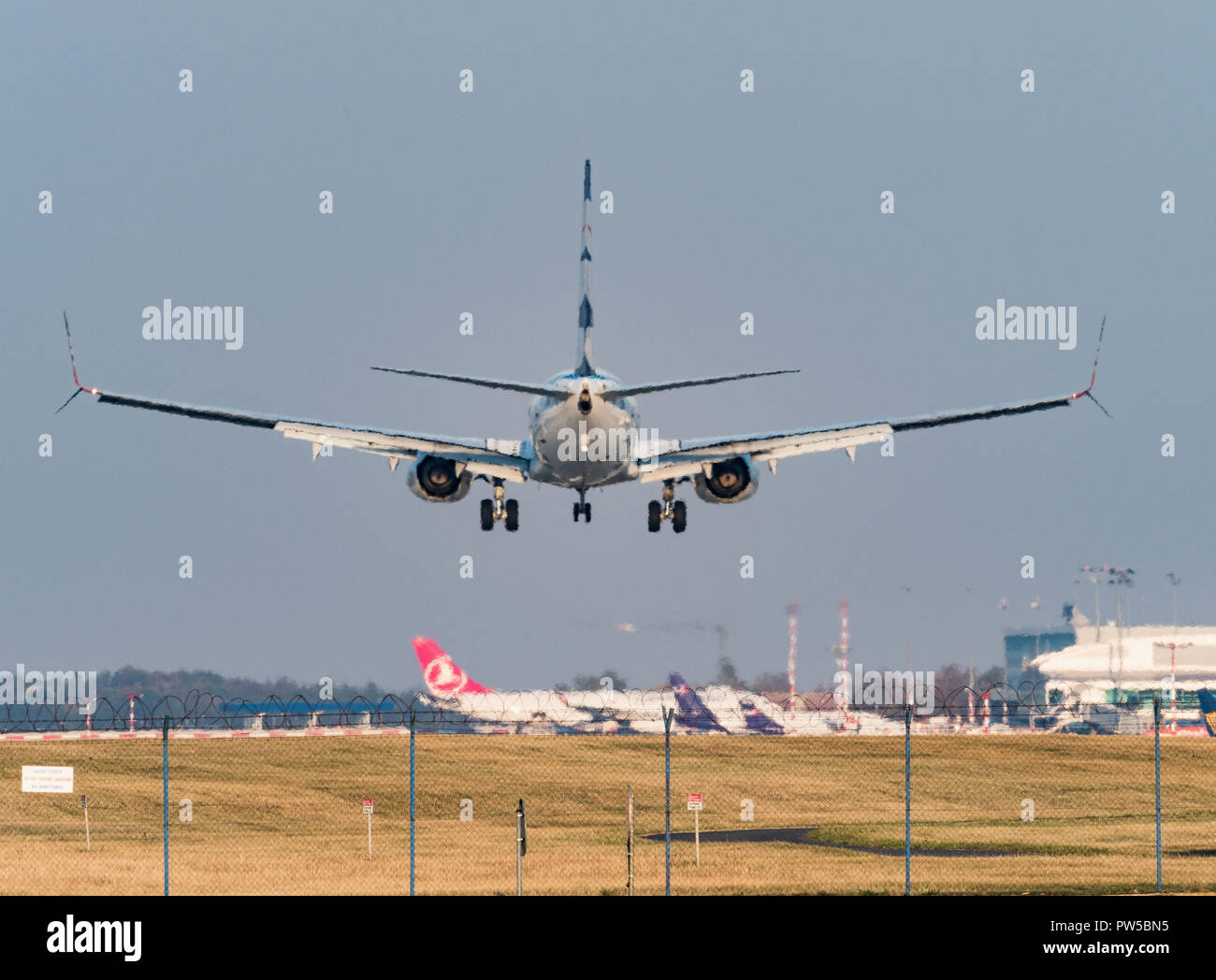 PRAGUE, CZECH REPUBLIC - OCTOBER 11, 2018: The airliner landed at f ...