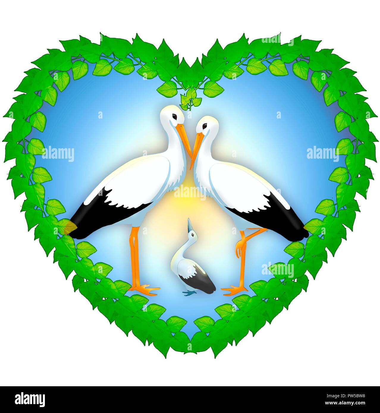 White birds storks-two parents and one child inside the heart - a ...