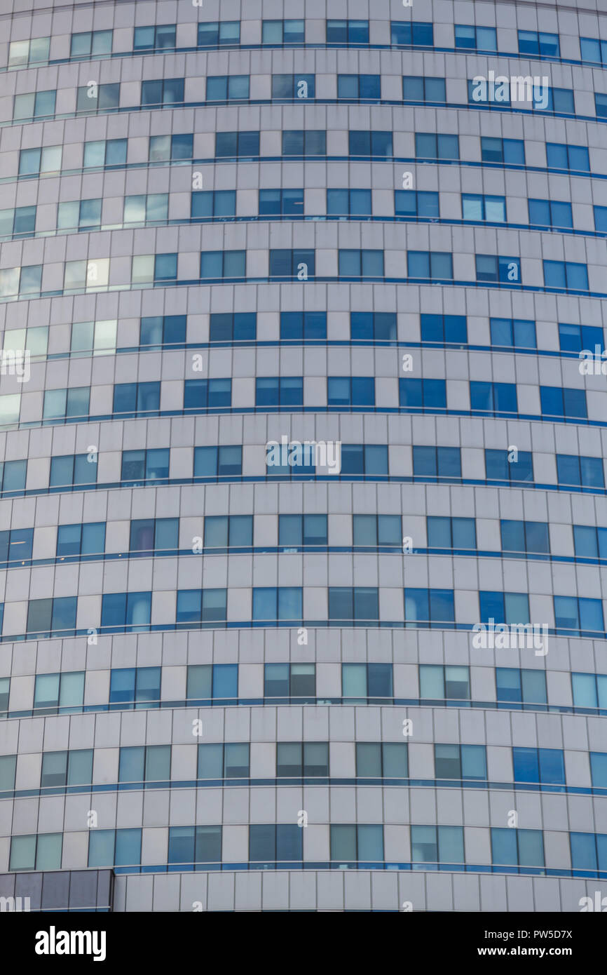 Wide angle abstract background view of steel light blue high rise ...