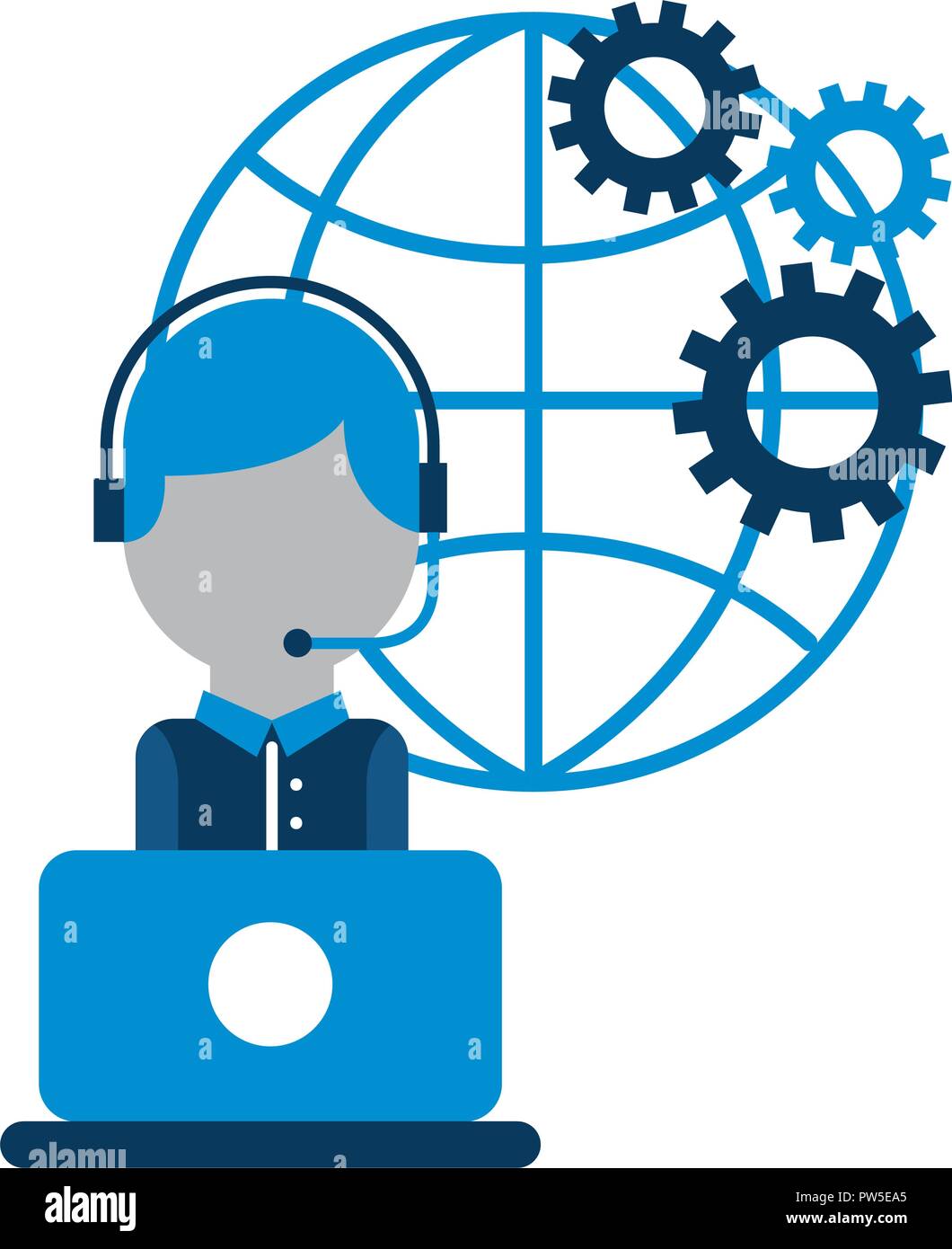 call center boy laptop world connection vector illustration Stock ...