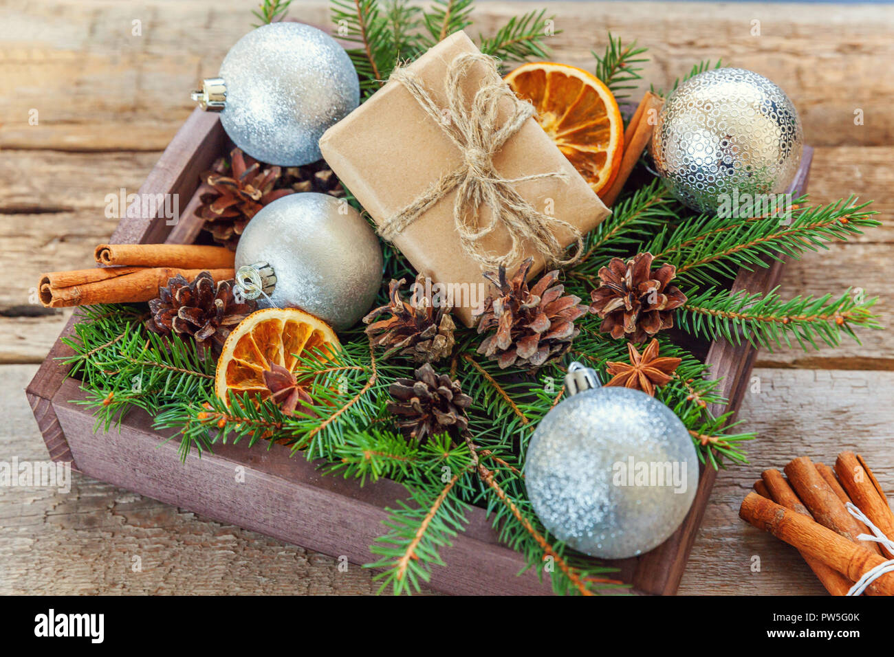 Christmas New Year composition winter objects gift box fir branch pine ...