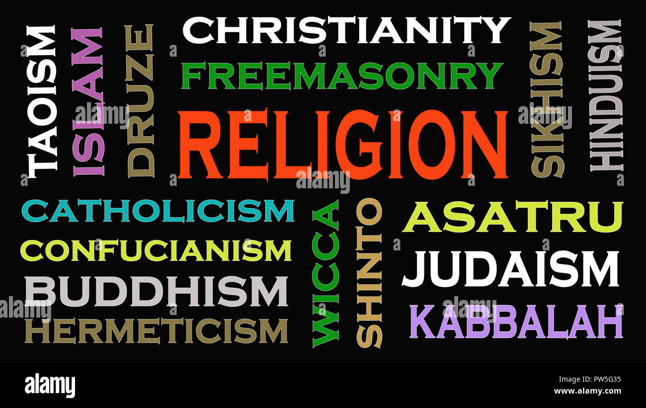 Religion concept word cloud on black background Stock Photo - Alamy