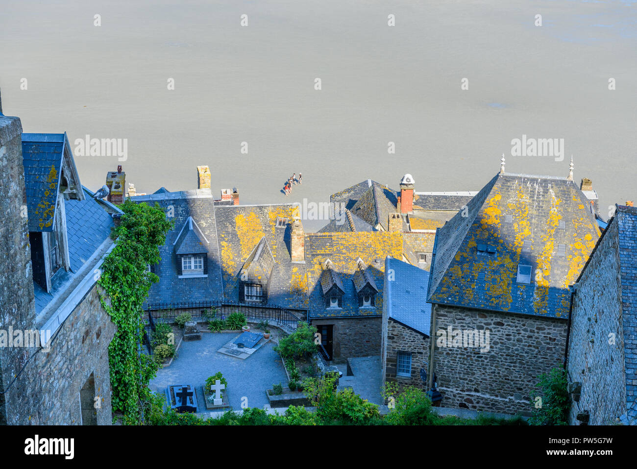 View of Mont Saint Michel, Normandy, France. Copy space for text. Top ...