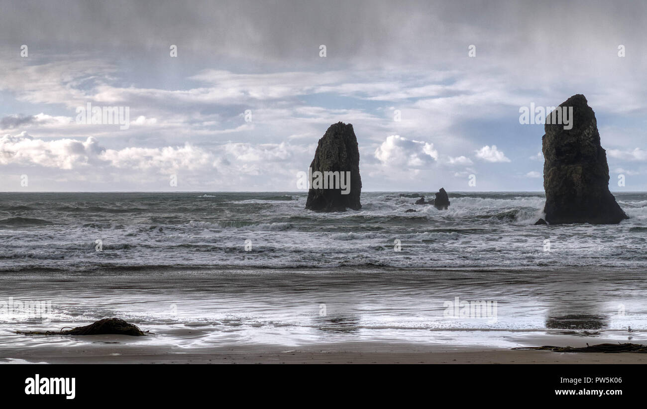 Standing rocks at low tide in Cannon Beach on the Oregon coast. Near ...
