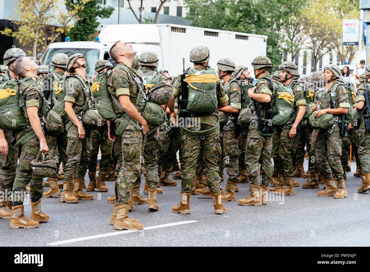 Madrid, Spain - October 12, 2018: Paratroopers during Spanish National ...
