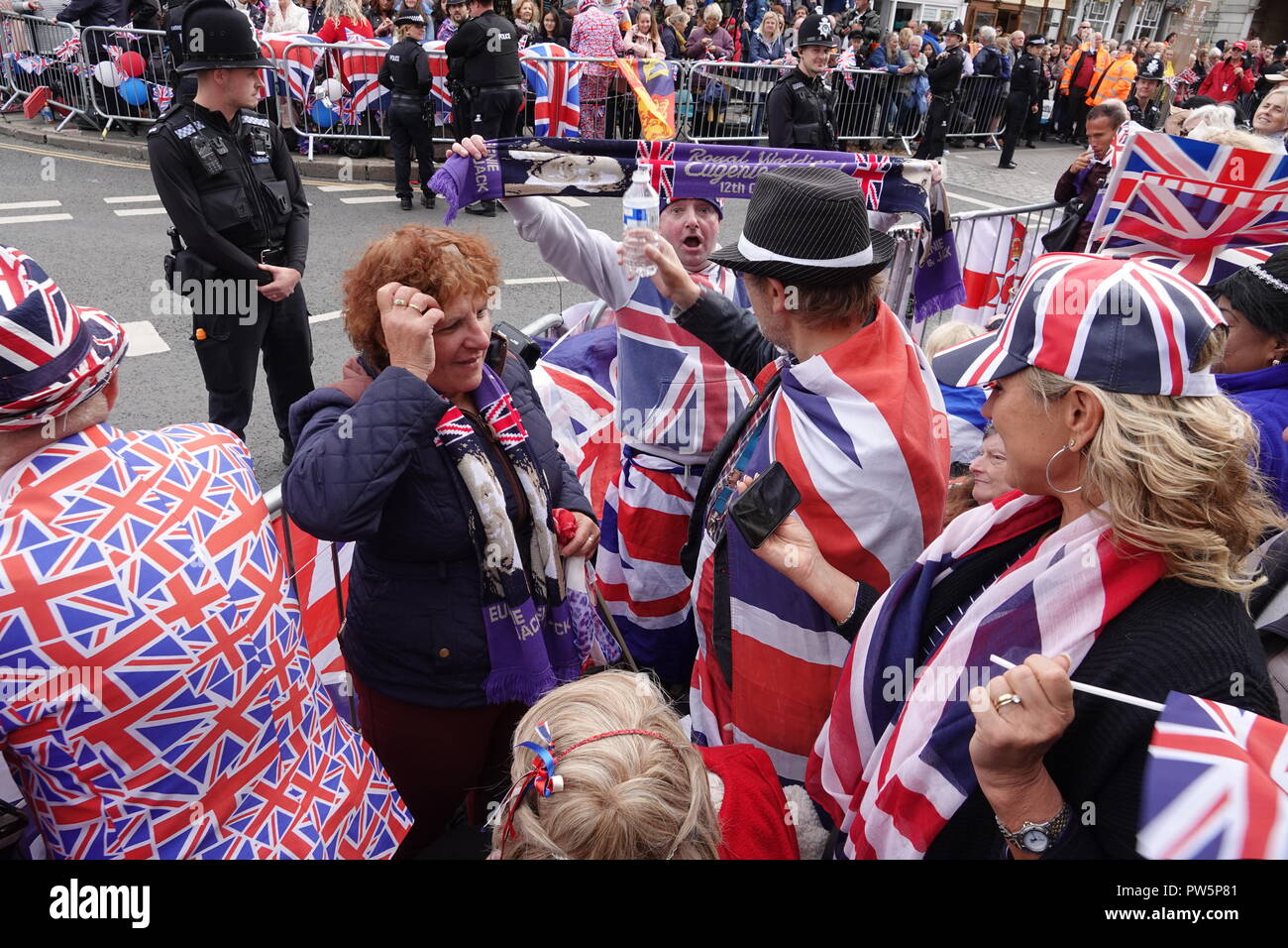 Windsor, UK. 12th October, 2018. Group of royal fans wearing Union Jack ...